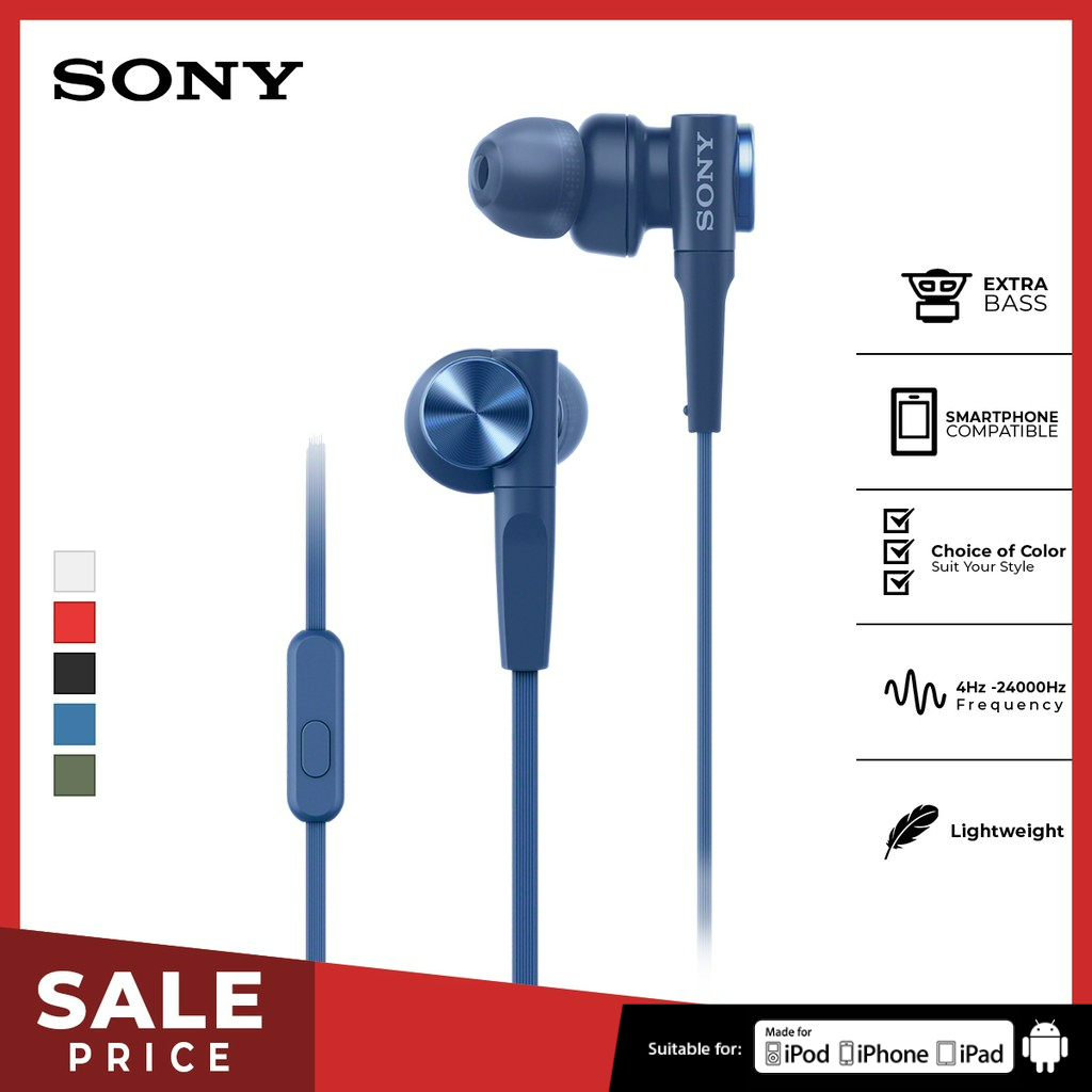 Sony MDR-XB55AP Earphones EXTRA Bass Handsfree In-Ear Headphones - Blue ...