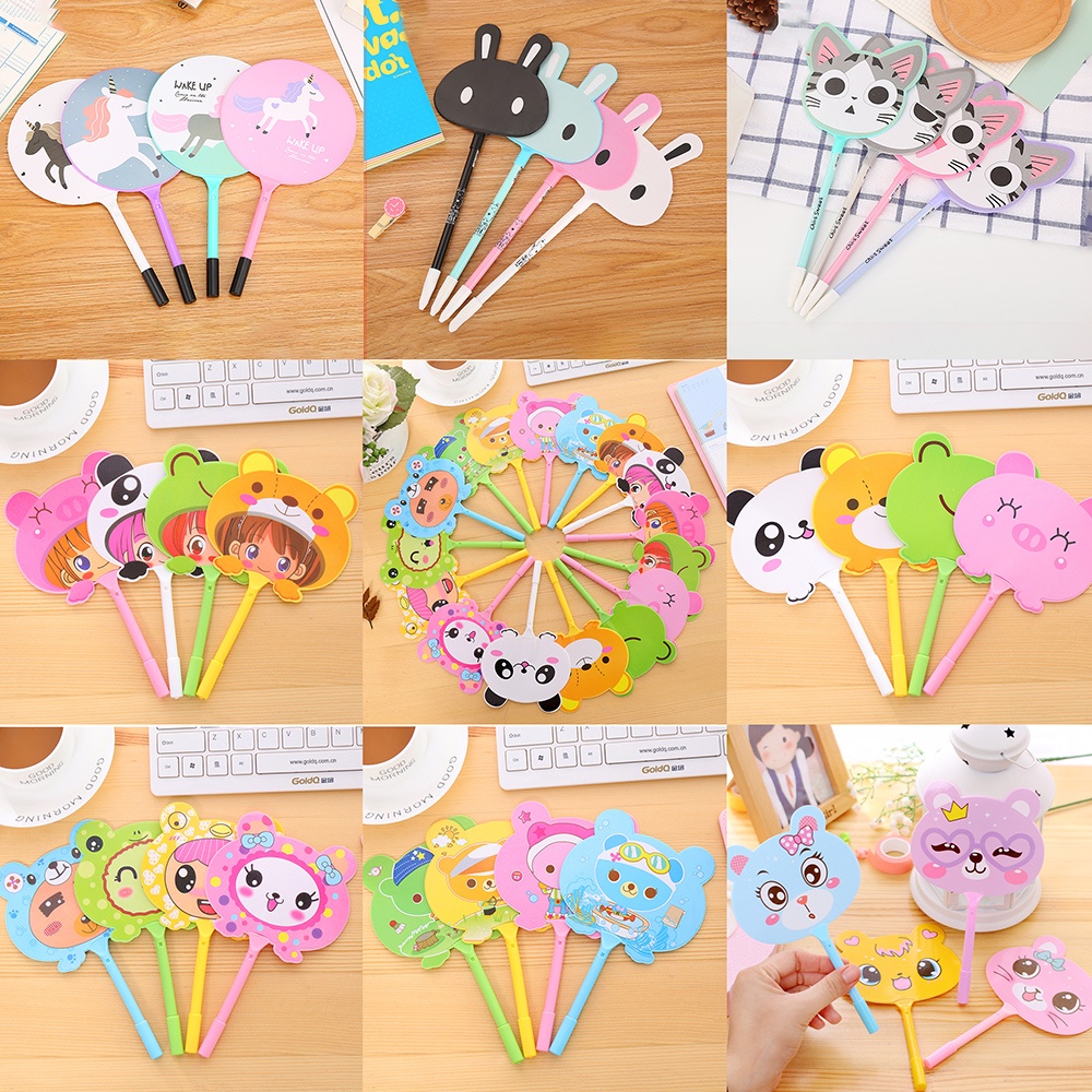 Cartoon Hand Fan Pen 2 in 1 Gel Pen Kids Writing Stationery 4 color ...