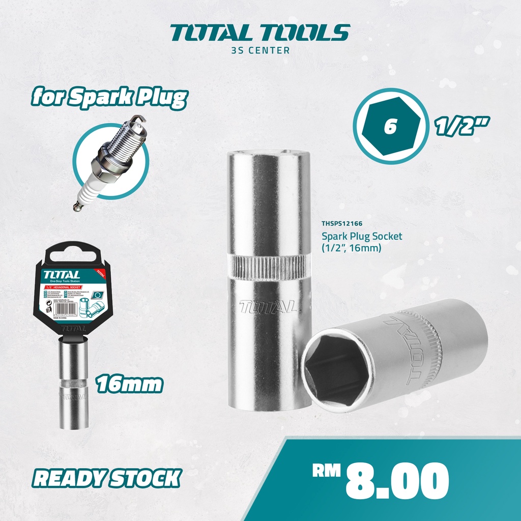 TOTAL Spark Plug Socket (16mm) for 1/2" Wrench with Rubber Insert ...