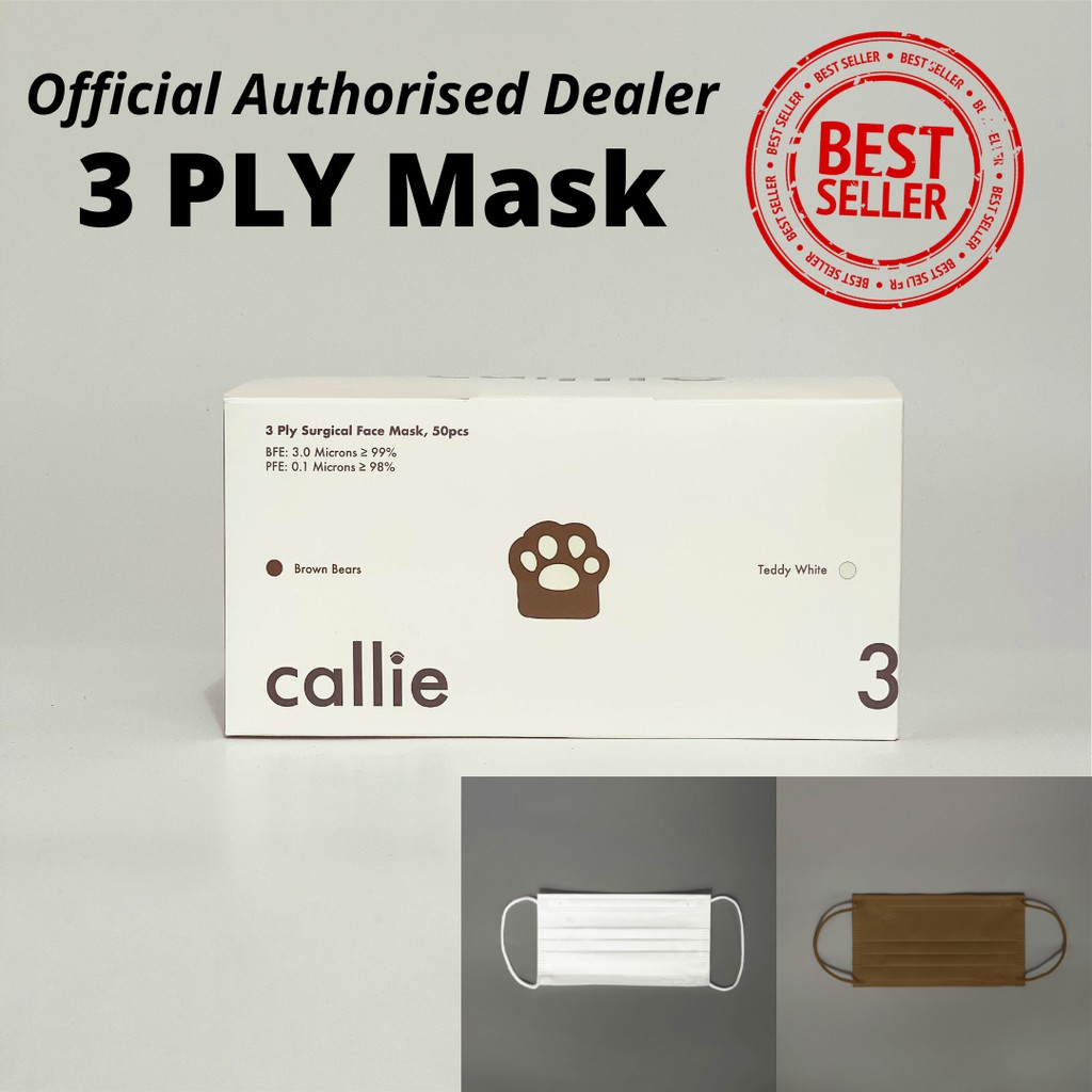 Face Mask Callie 3 Ply Adult Premium Surgical Mask Teddy White & Brown ...
