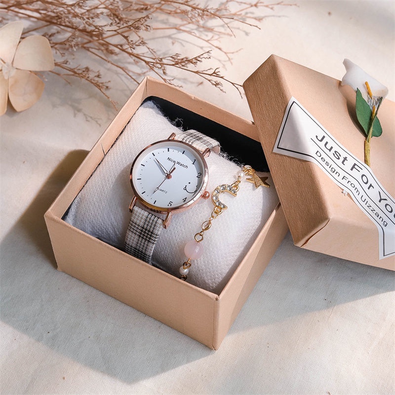 Plaid Canvas Strap Women Watches with Smiley Face Dial Waterpoof ...