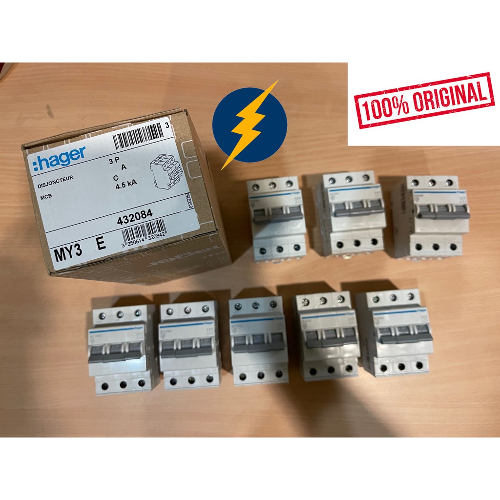 Hager MCB 3 POLE 4.5kA 6A /10A / 16A / 20A / 25A / 32A / 40A/63A MY306E MY310E MY316E MY320E ...