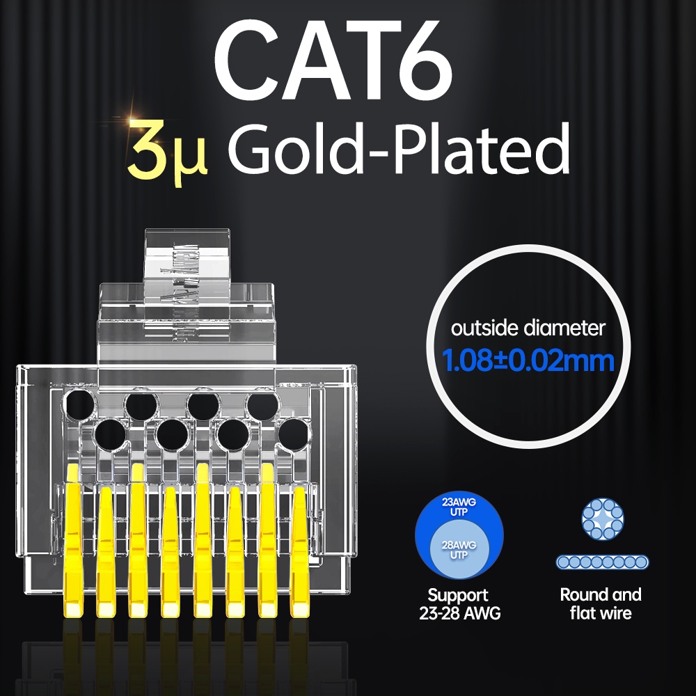 AMPCOM Pass Through RJ45 Modular Plug CAT6 CAT5E Network Connectors UTP 3/50μ Gold-Plated 8P8C ...