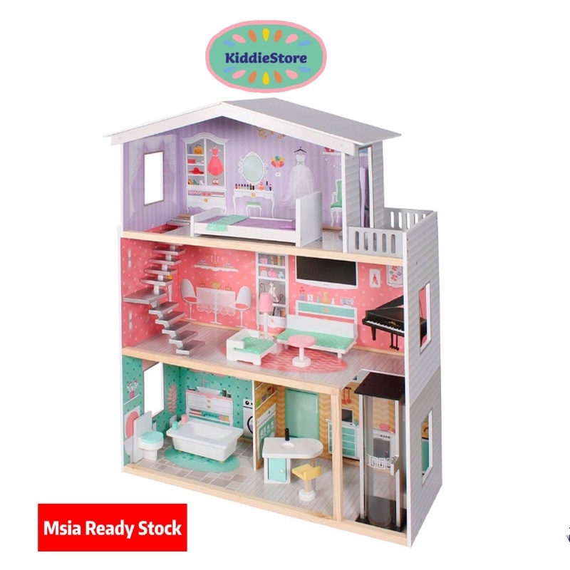 LED Light Dollhouse Mansion For Kids Toys Pretend Playset Big Wooden ...