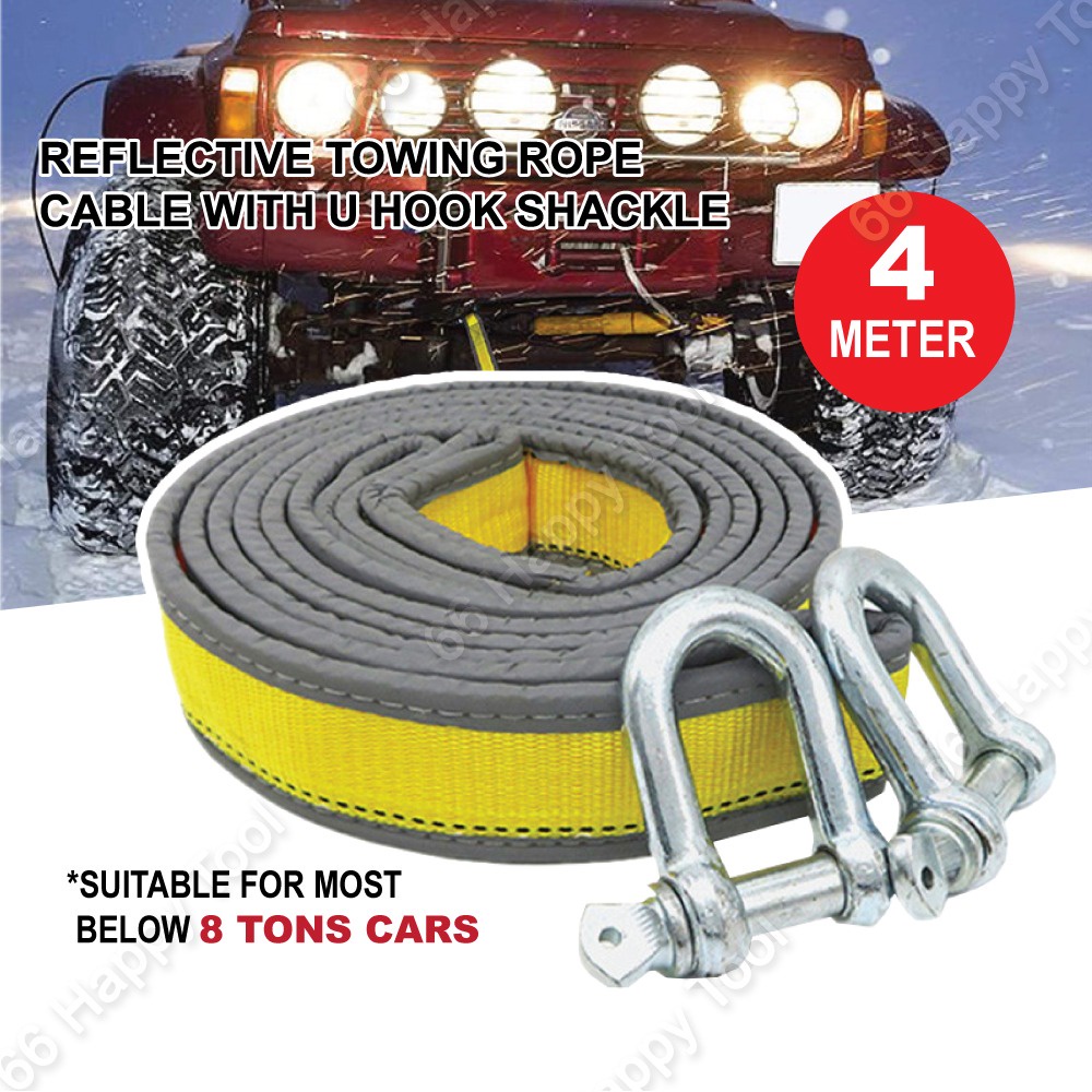 4M Tow Rope Reflective Towing Cable 8 Tons U Hook Shackle Straps Cable ...