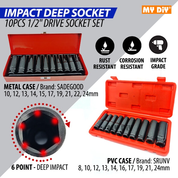 MYDIYHOMEDEPOT - SRUNV 10PCS 1/2" DRIVE LONG DEEP IMPACT BOX SOCKET SET ...