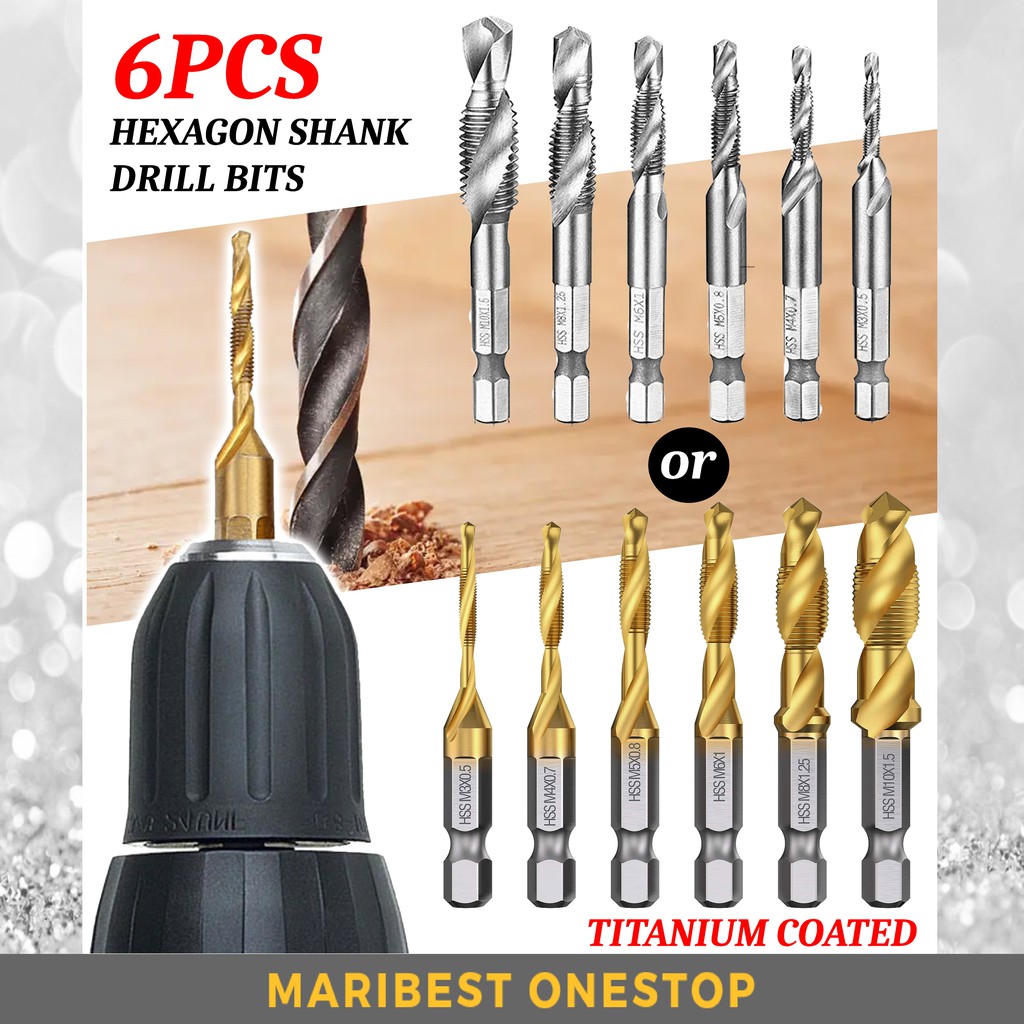 6PCS HEXAGON SHANK DRILL BITS SET Screw Thread Tap Taper Twist Deburr ...