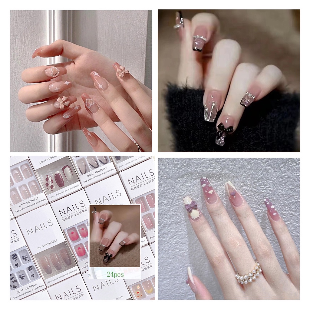 24pcs Acrylic Nails Fake Nails Set With Glue False Nails Long Nail Fake ...