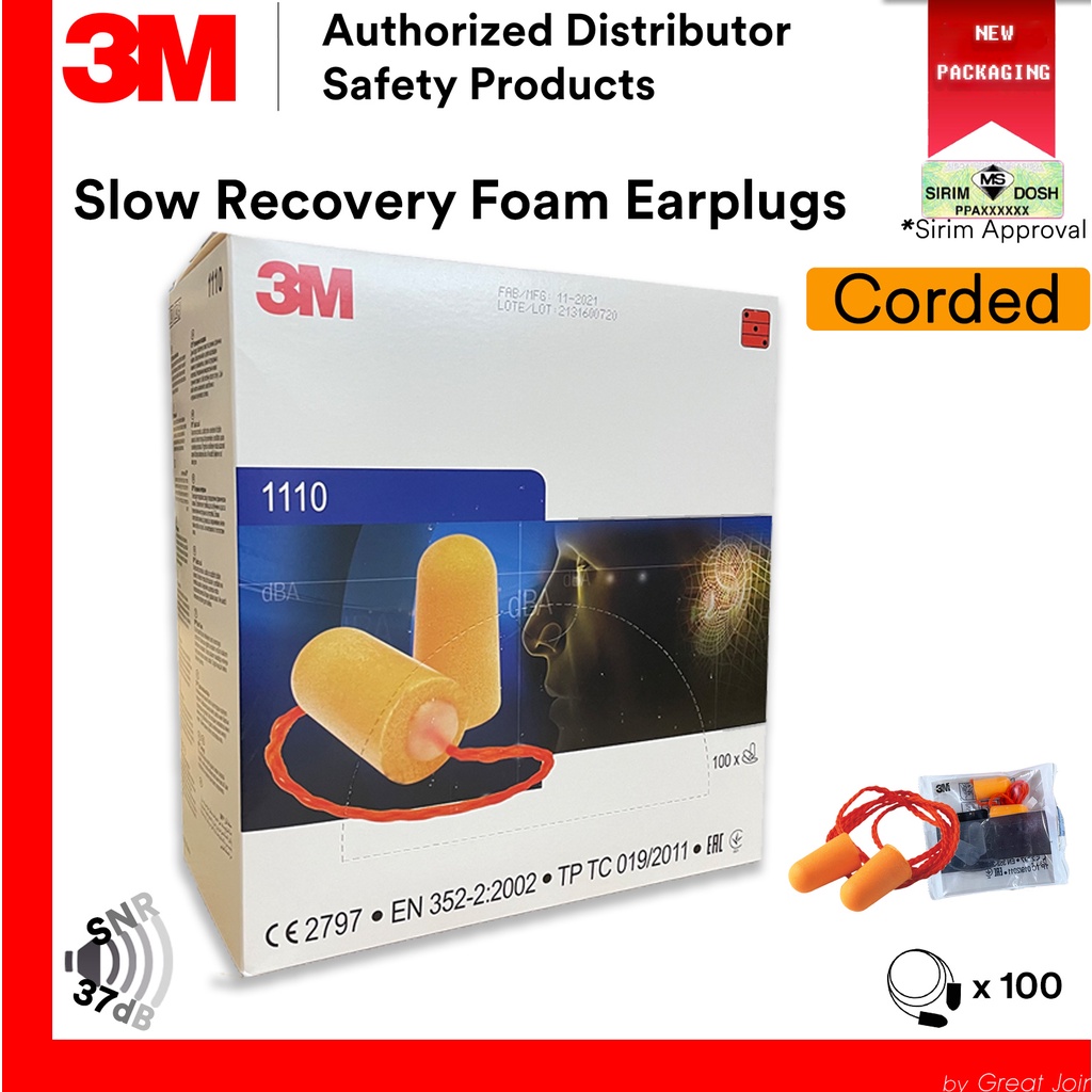 3M Earplug 1100 1110 Soft Foam Earplugs SNR 35dB DOSH SIRIM Approved Uncorded or Corded ...