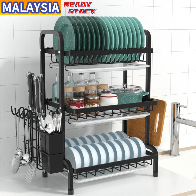 Goods in stock 3 Layers Dish Rack Rak Pinggan Stainless Steel Kitchen ...