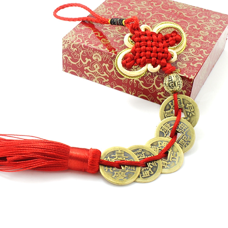 SSA Red Chinese Knot Feng Shui Lucky Charm Ancient I Ching Copper Coins ...