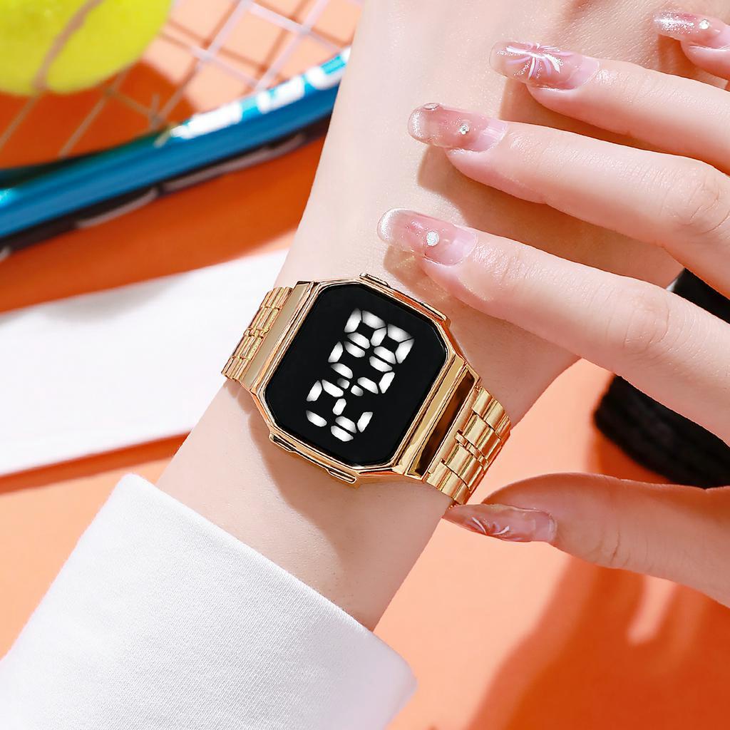 New fashion women's metal steel band LED watch square men's and women's ...