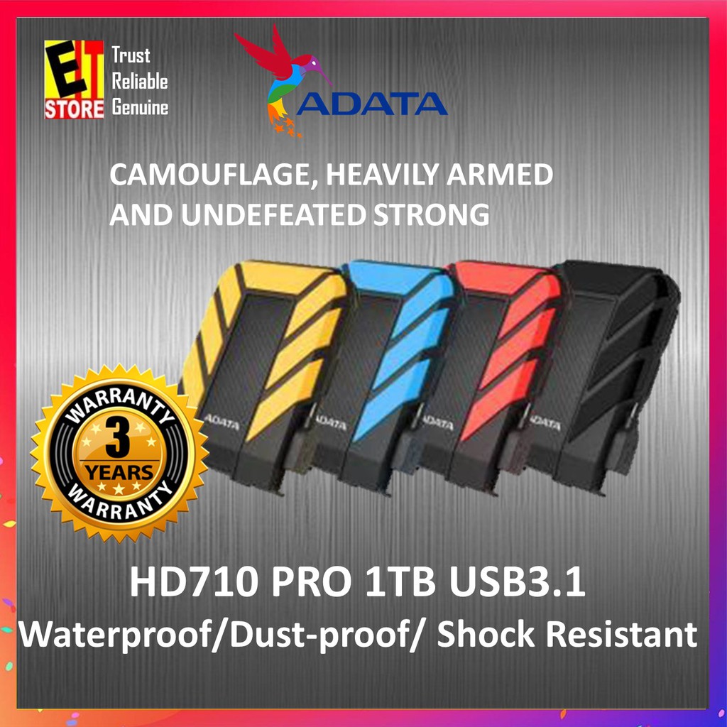 ADATA HD710 PRO 1TB EXTERNAL HARD DRIVE RED/YELLOW/BLUE WATERPROOF PORTABLE DRIVE -3YRS WRTY ...