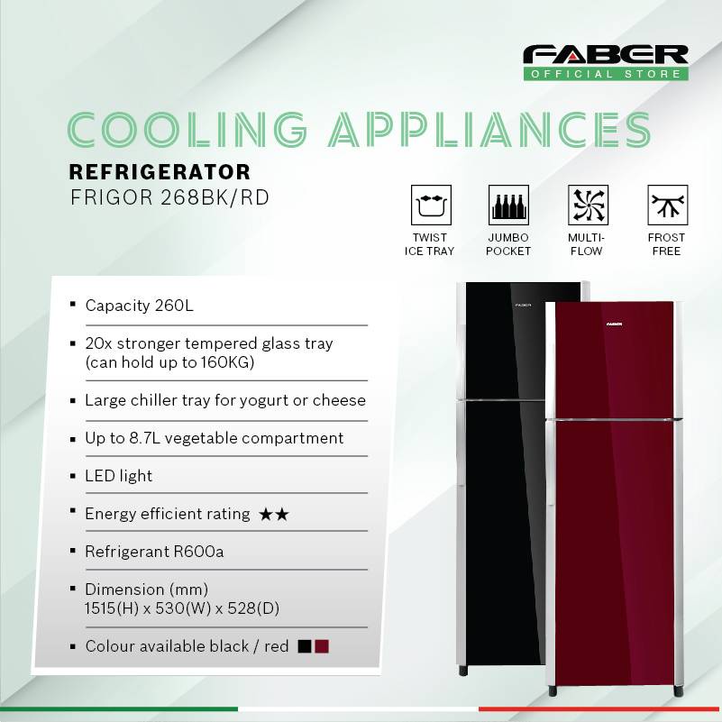 FABER 260L Refrigerator 2 Door Glass Door Fridge FRIGOR 268 RD / BK ...
