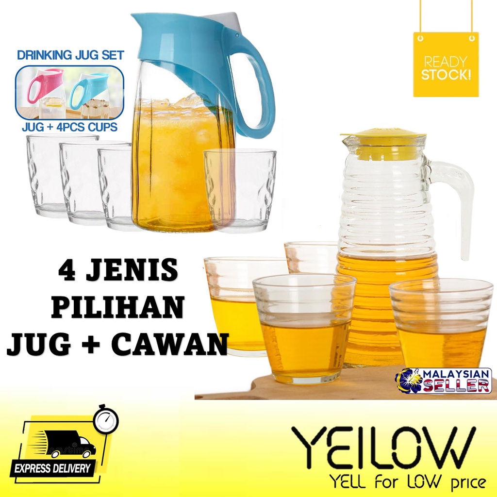 (READY STOCK)JUG KACA DAN CAWAN GELAS KACA GLASS JAR WITH CUP SET JUGS ...