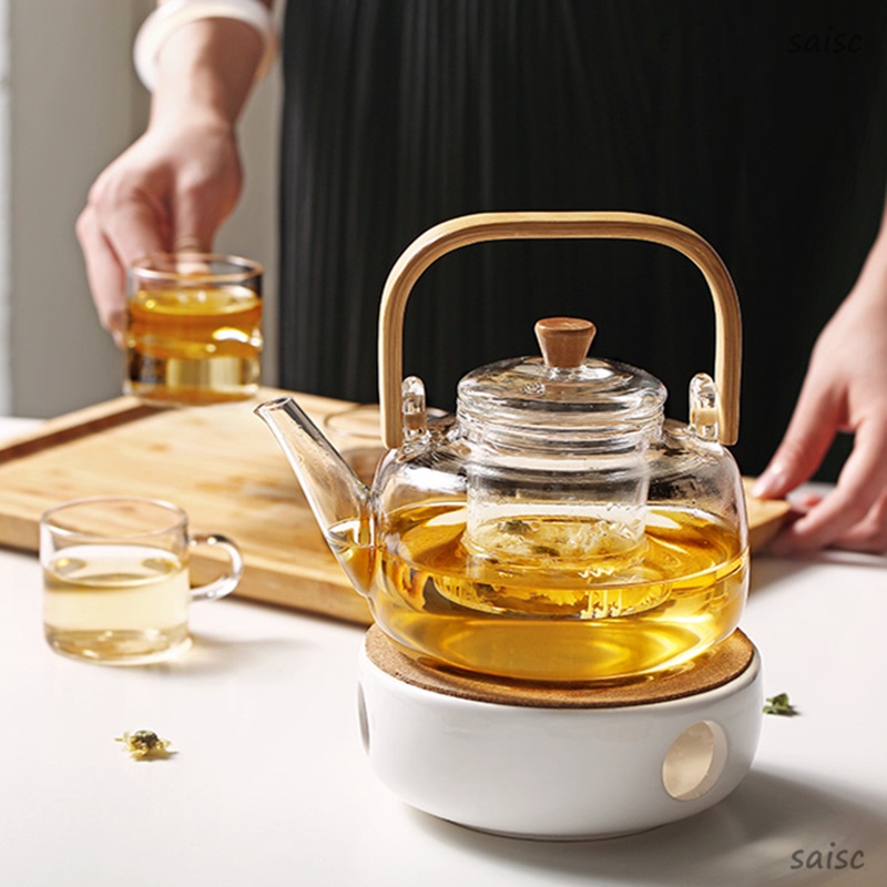 1L Bamboo Handle Teapot Transparent Glass TeaPot Heat-Resistant Kettle ...