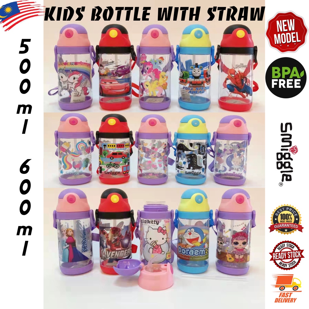BPA FREE SMIGGLE Kids Drinking Bottle 500ml 600ml Botol Air Kanak Drinking Bottle Kids Straws ...