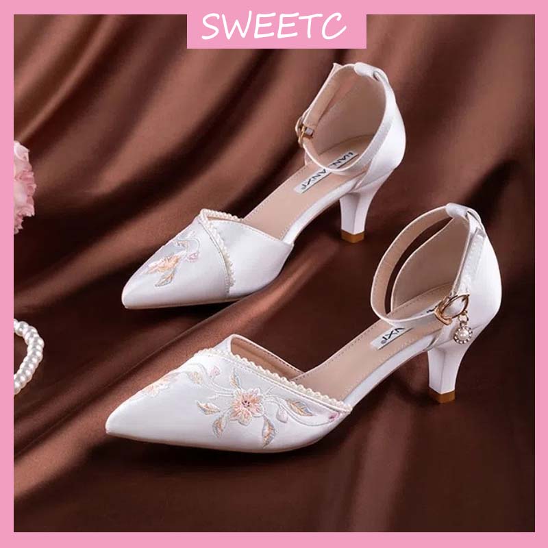 SWEETC Kasut raya perempuan Raya Heels 2024 Women's Vintage Pointed Toe ...