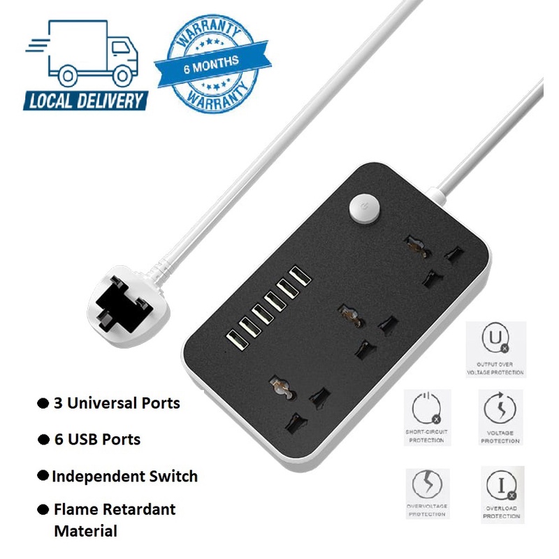 NEW UNIVERSAL 3 Power Socket Extension With 6 USB Super Charge Ports ...