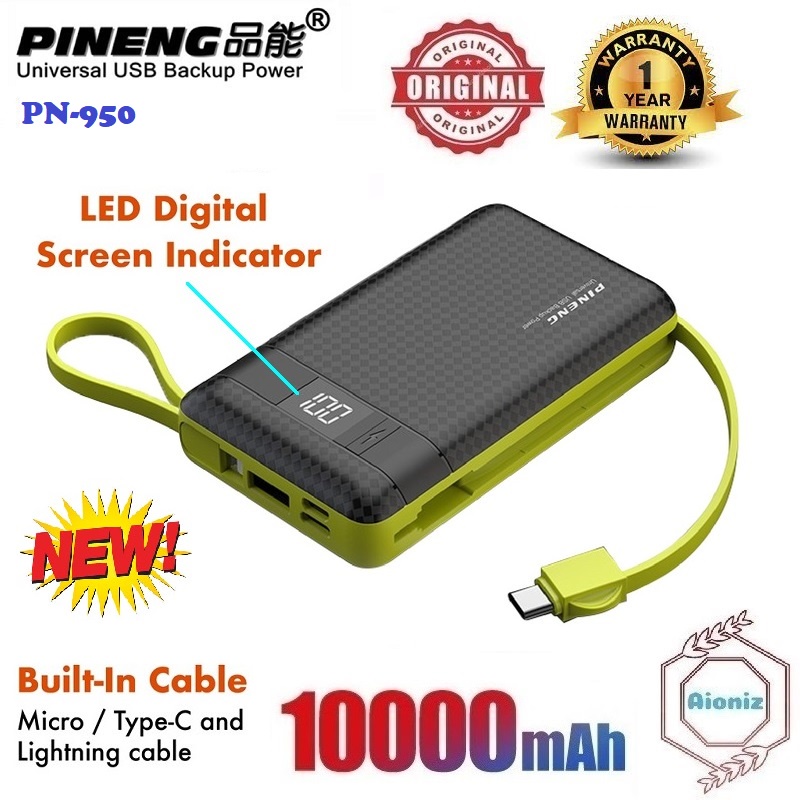 Powerbank Pineng PN-950 10000mAh 2 Build-In Cable Power Bank With LED ...