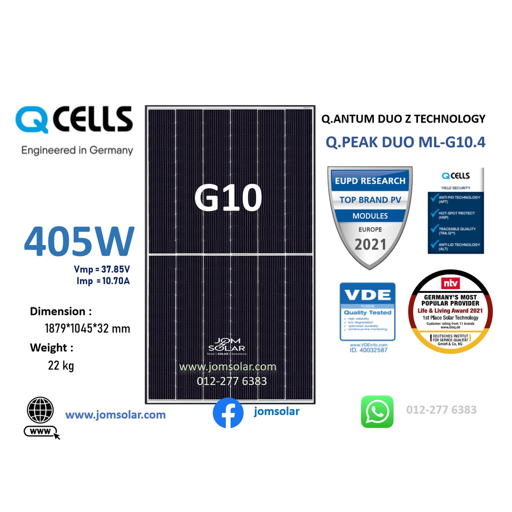405W Qcells Monocrystalline Solar Panel - DUO G10 - 12BB - Zero Gap ...