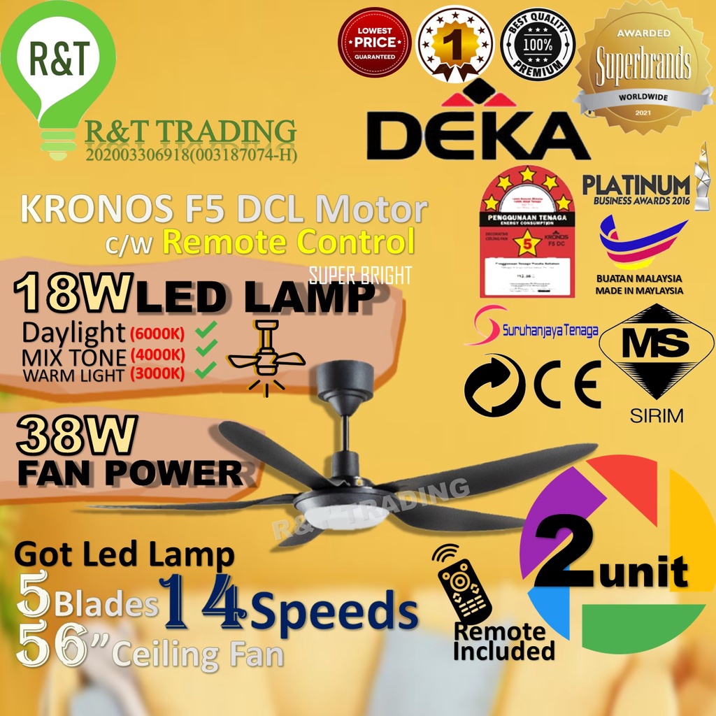 DEKA Kronos | F5 DCL with LED lamp+Remote 56"Ceiling Fan|5Blades|DC ...