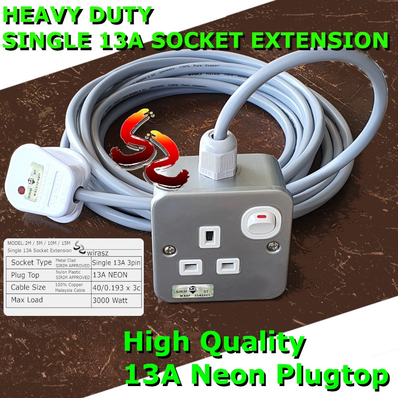 Heavy Duty Metal Clad 1 Gang 13A Power Extension Trailing Socket Cable ...