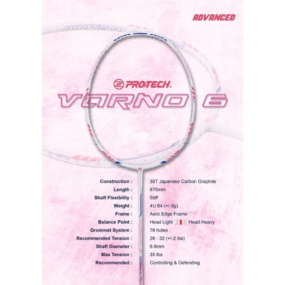 PROTECH Badminton Racket - Varno 6 White (4UG2) (MAX 35LBS) (FREE ...