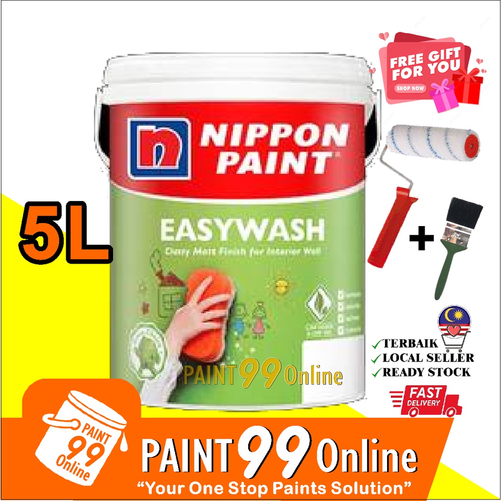 (LIGHT COLOUR) 5L NIPPON PAINT Vinilex Easywash Interior Wall + ( Free tool 7" Roller Set ...