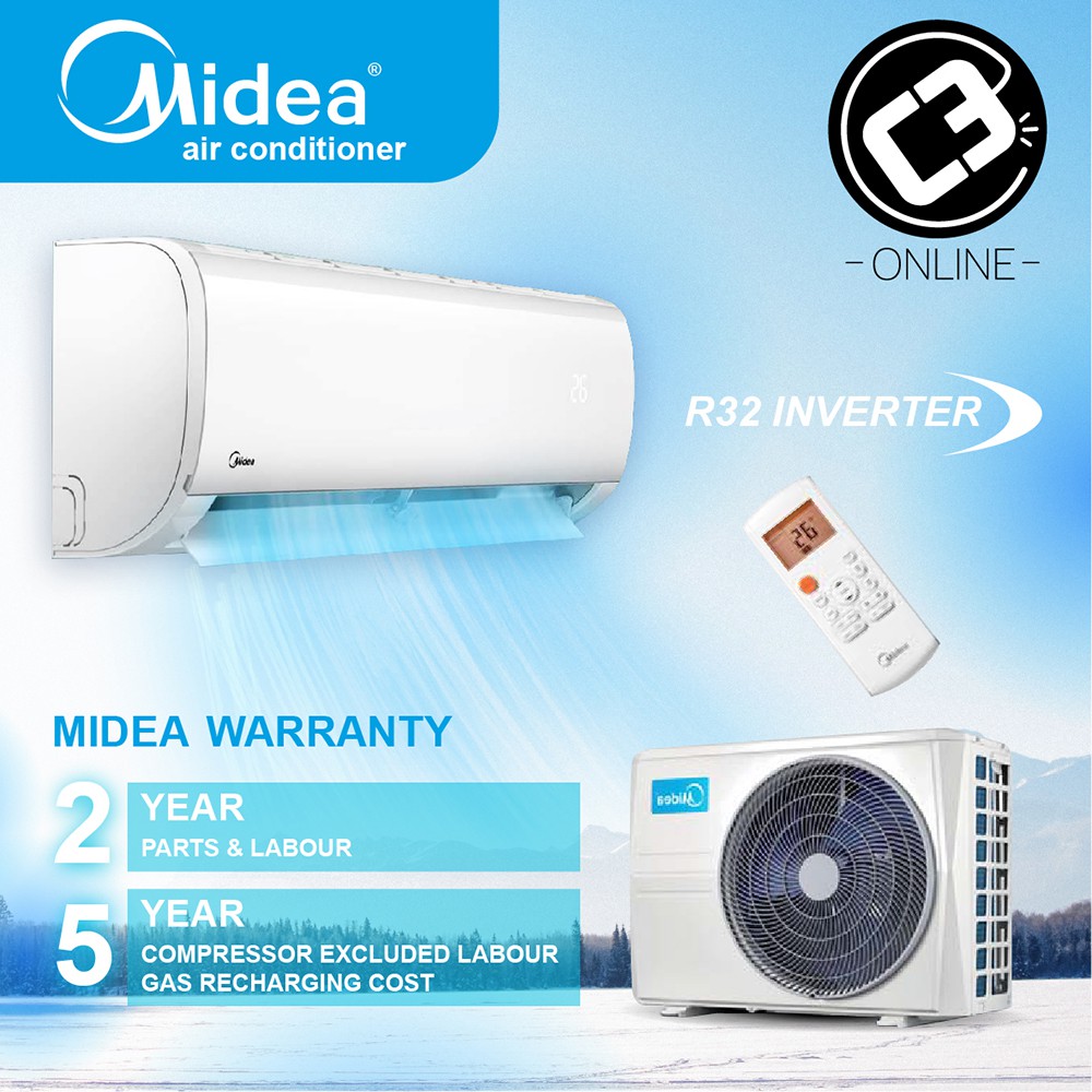 (West) Midea 1.0 HP, 1.5HP R32 Inverter Standard Inverter Wall Mounted ...