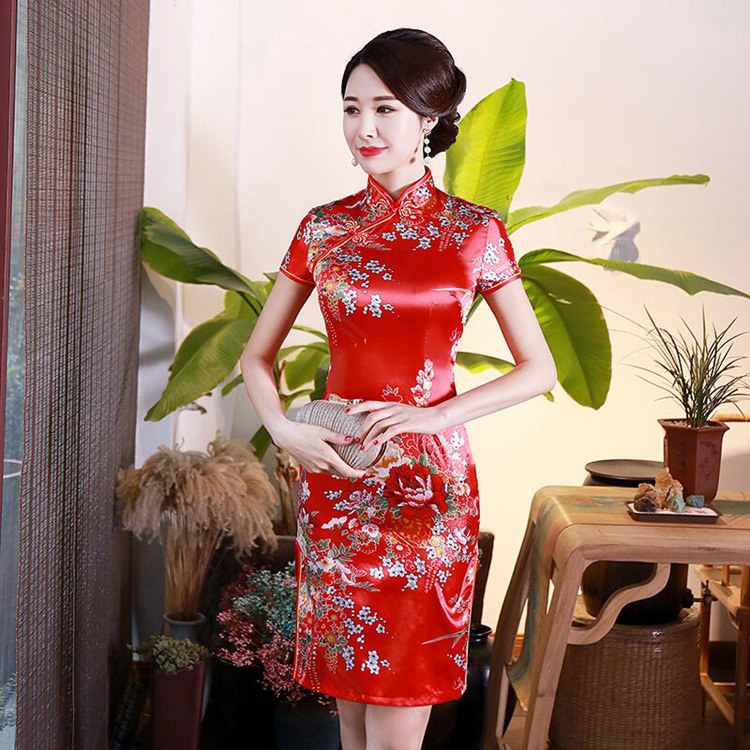 Red cheongsam Tang suit cheongsam women satin Satin Mid Length Cheong ...