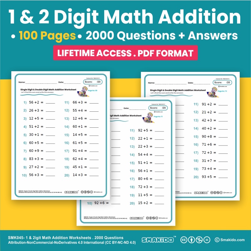 2000 Questions- 1 & 2 Digit Math Addition Worksheets ️100 pages ...