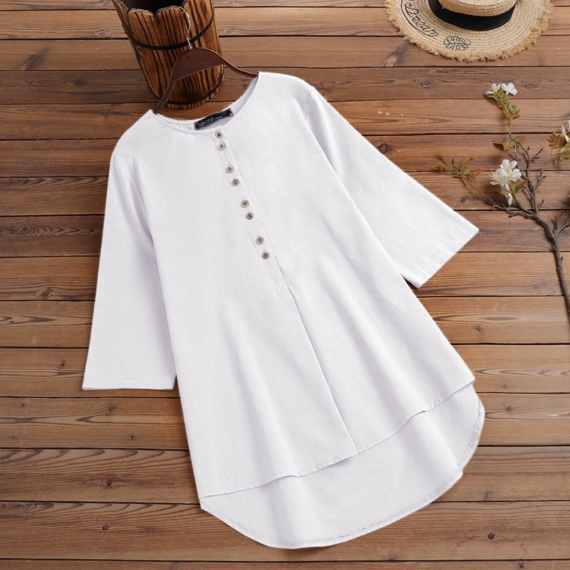 Zanzea Women Casual Solid 3 4 Sleeve O Neck Button Down Front Blouse