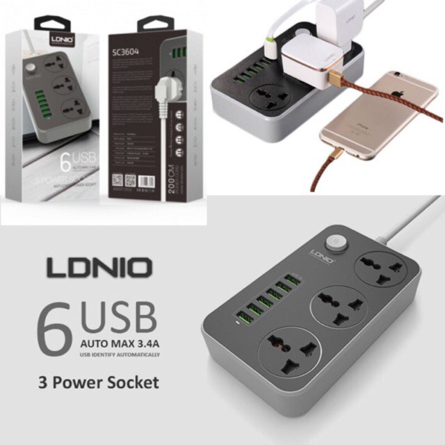 LDNIO SC3604 UK MALAYSIA PLUG EXTENSION SOCKET, 3 UNIVERSAL PORT (3.4A ...