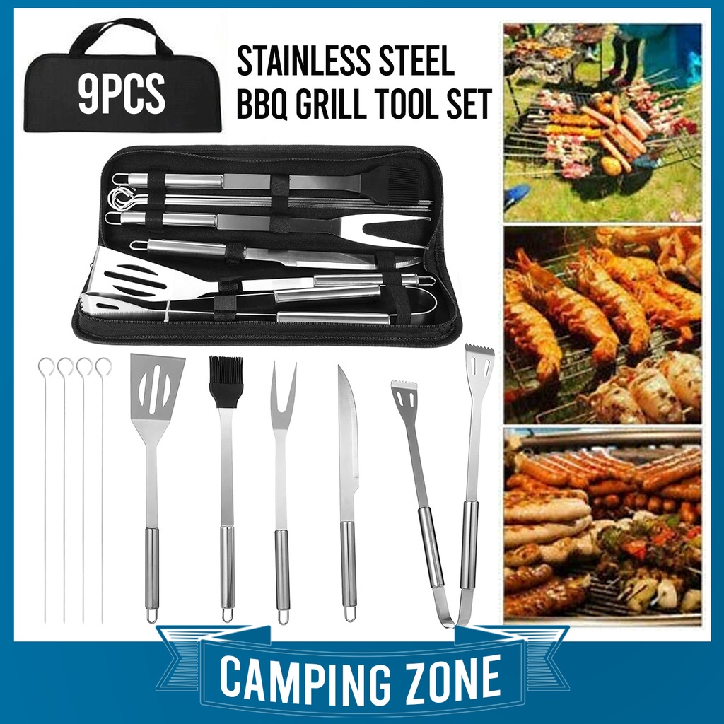 9 PCS STAINLESS STEEL BBQ GRILL TOOL SET STORAGE BAG Grilling Cooking ...