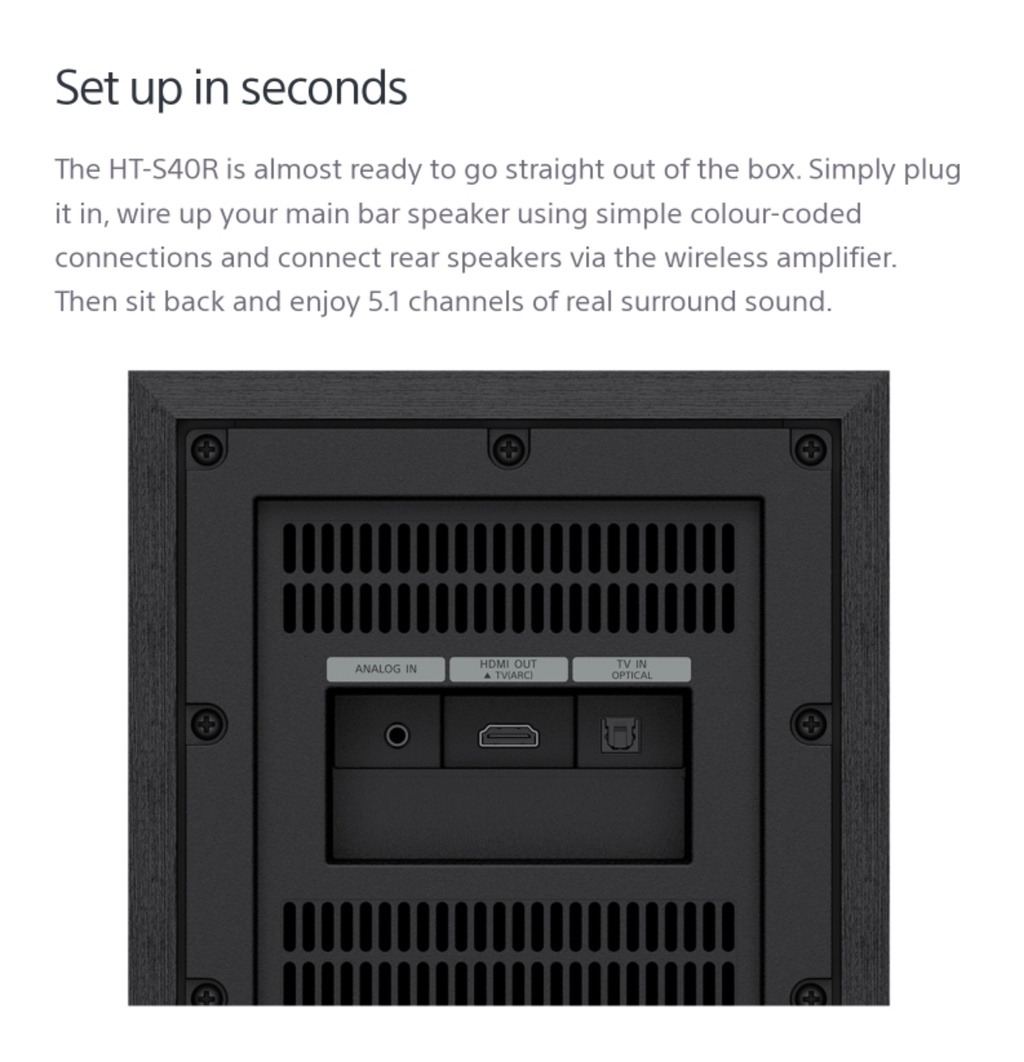 Sony HT-S40R 600W 5.1ch Home Cinema Soundbar with Wireless Rear HTS40R ...