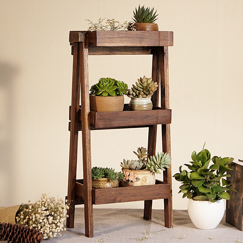 3 Tier Wooden Foldable Ladder Rack Decorative Plant Stand Storage Rack ...