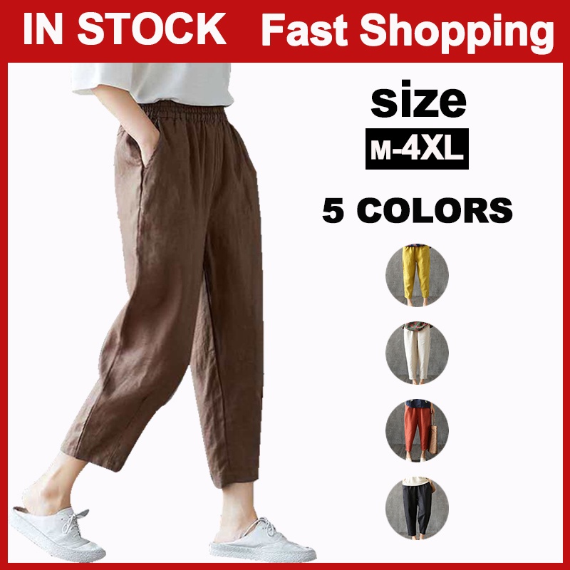 Women Loose Casual Pants Plus Size High Waist Cotton and Linen Cropped ...