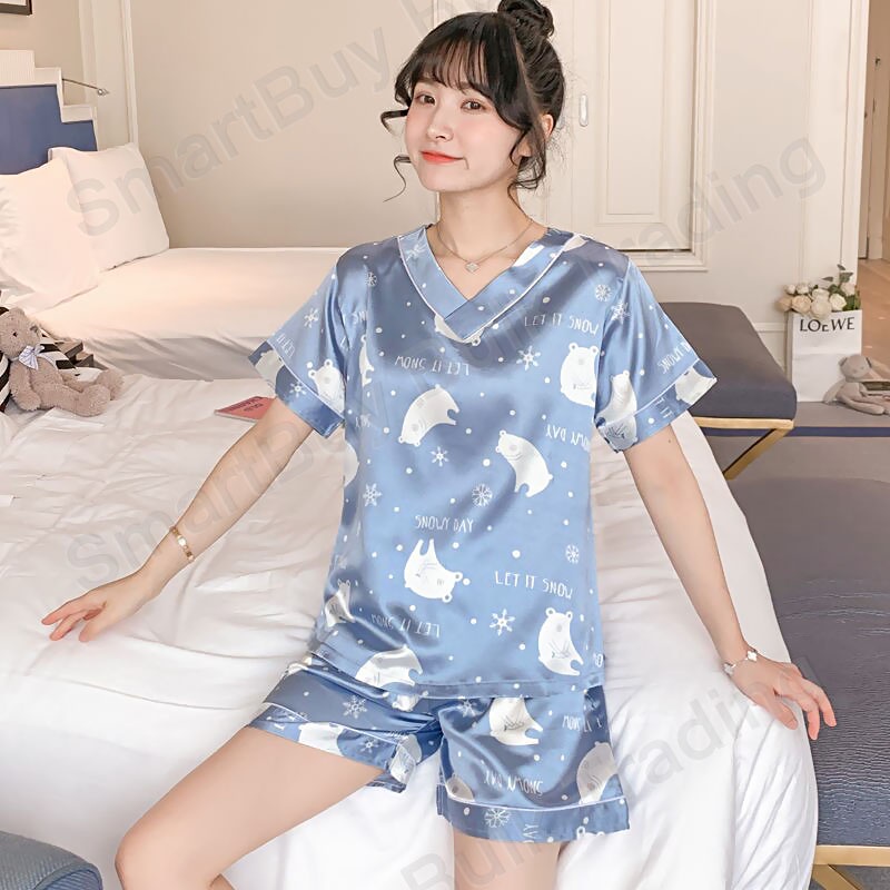 Ice Silk Pajamas V-Neck Smooth Silk Cold Thin Short Sleeved Comfortable ...