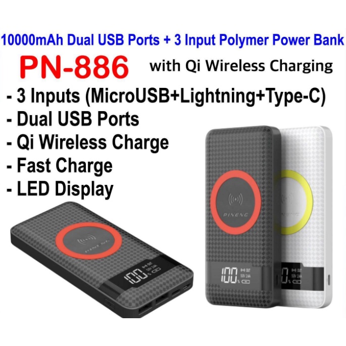 PINENG PN-886 10000mAh Qi Wireless Polymer Power Bank | Shopee Malaysia