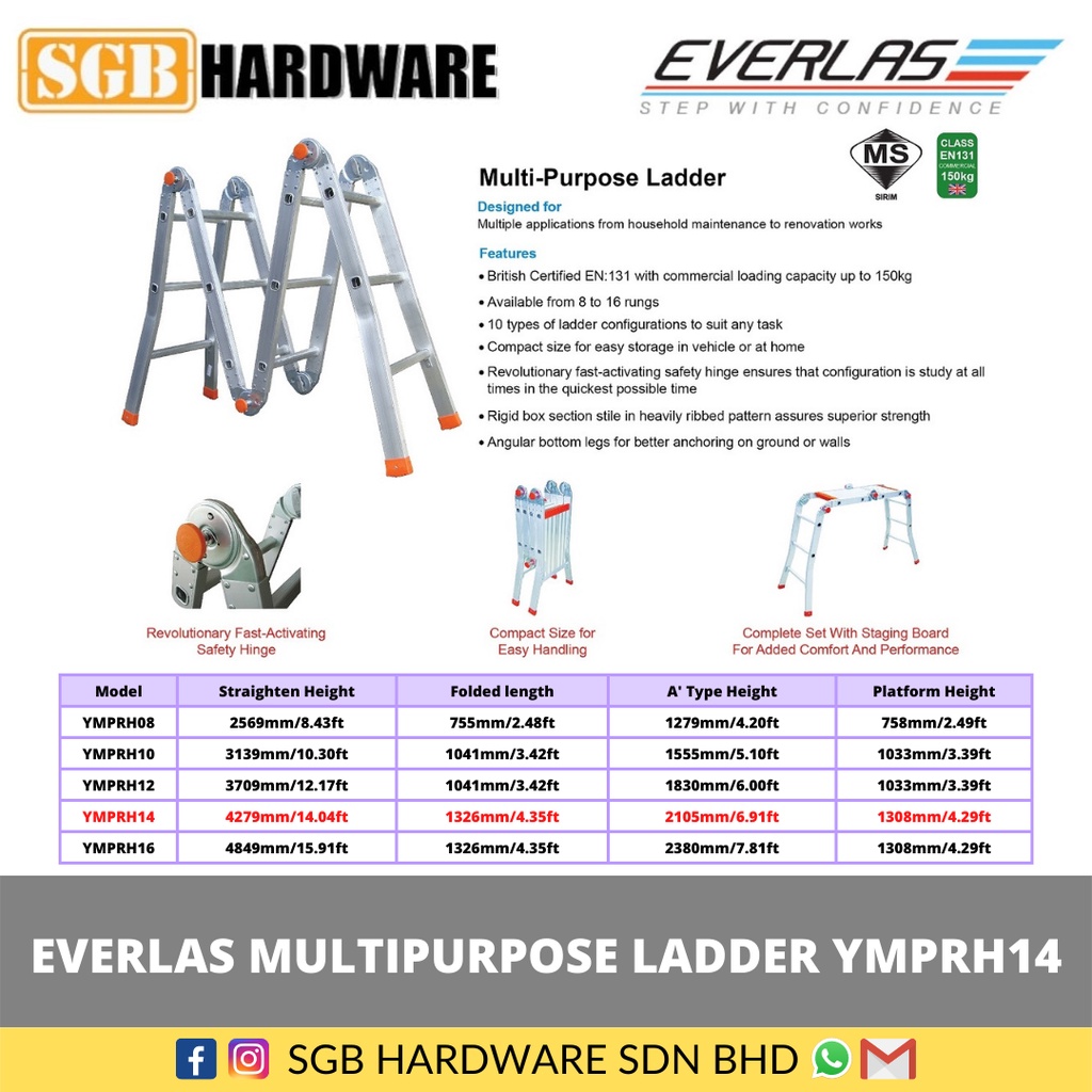 EVERLAS YMPRH14 14 RUNGS MULTI PURPOSE LADDER - SILVER + | Shopee Malaysia