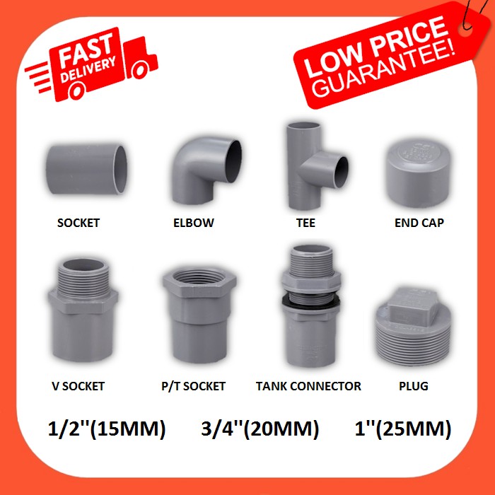 PVC Pipe Fitting Connector Socket Elbow Tee PT Socket Valve Socket End Cap Tank Connector 15mm ...