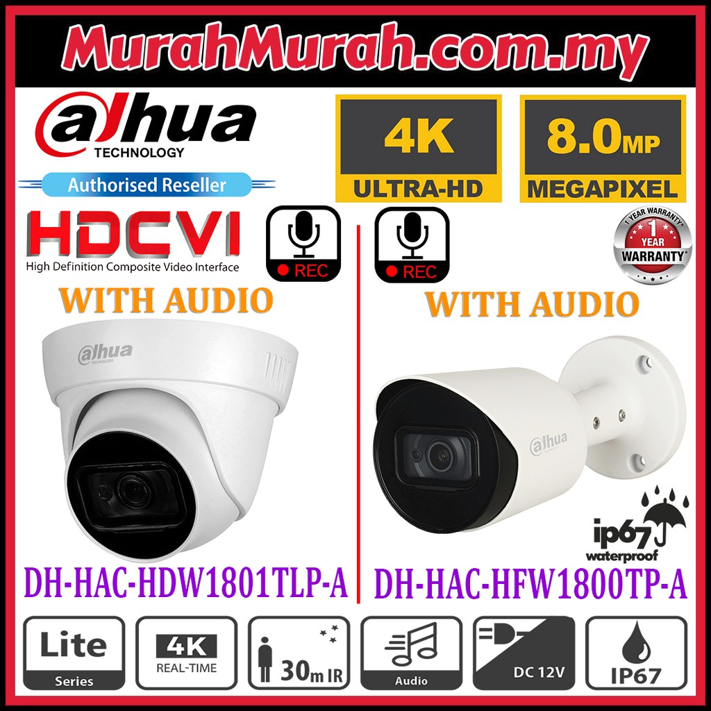 Dahua 8MP 4K Ultra HD 8.0MP Outdoor / Indoor IR Bullet CVI Camera With Mic Audio Voice Record ...