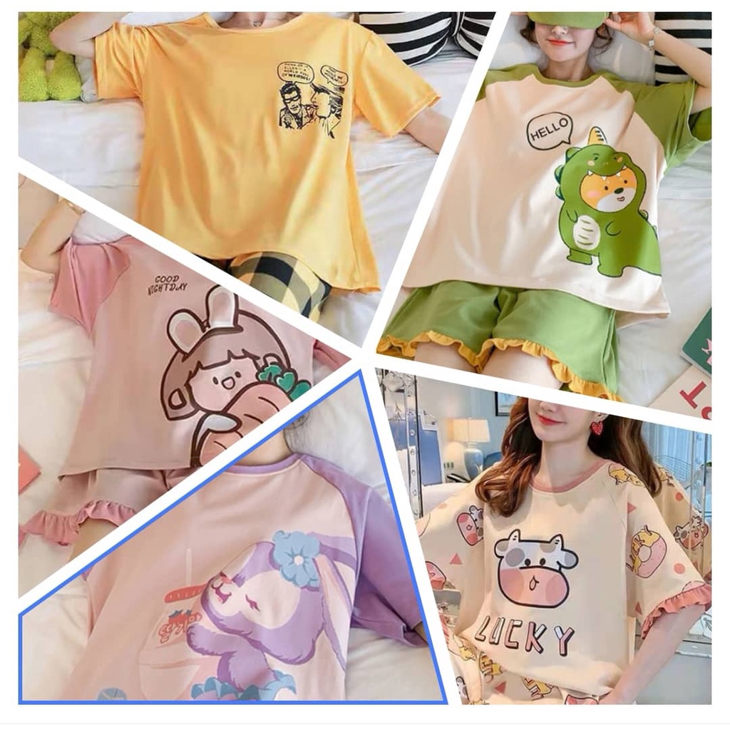 Ins 5XL Cute Pyjamas Lady Women Set Short Sleeves Baju Tidur Wanita Pajamas | Shopee Malaysia