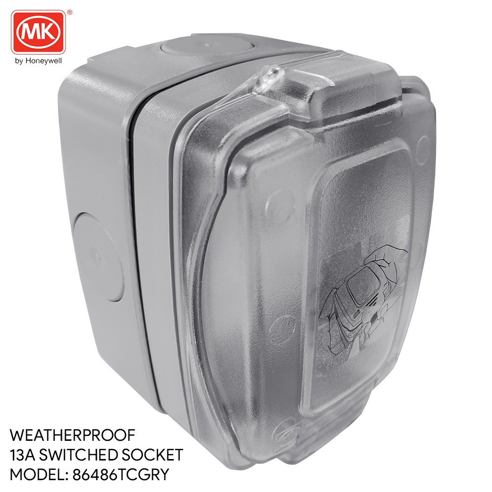 13A Weatherproof Socket TRANSPARENT/GREY IP66 MK 86486 & 13A Waterproof ...