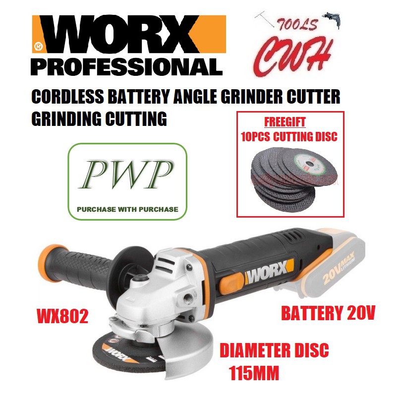WX802 20V 115MM WORX CORDLESS BATTERY ANGLE GRINDER CUTTER GRINDING CUTTING GWS GWS18V-10 DGA ...