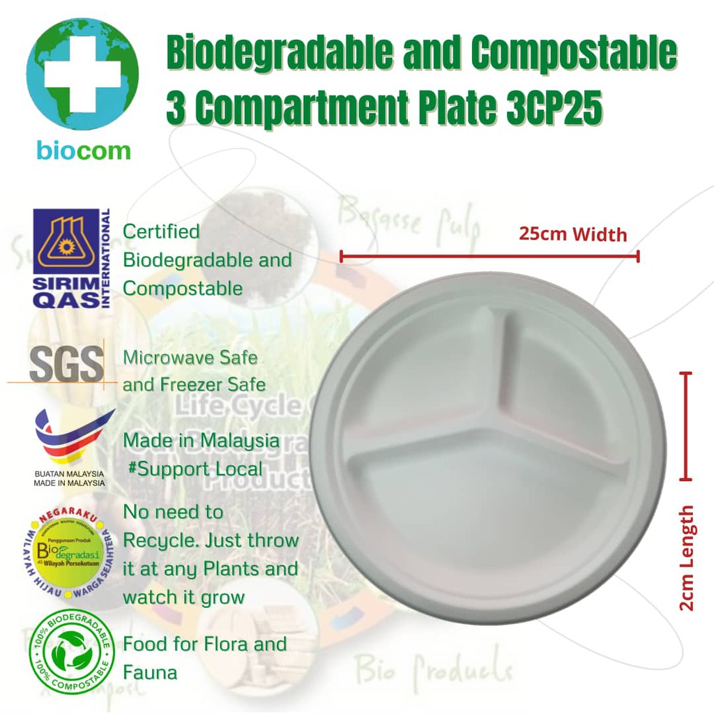 50pcs 2BC3CP25 Biodegradable and Compostable 3 Compartment 10 inch ...