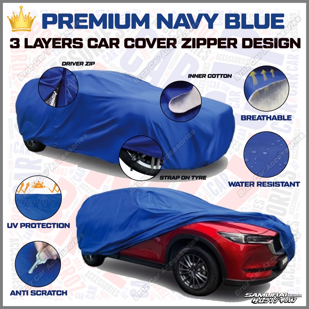 All Size Extra Thick Car Cover Zipper Design Outdoor Protect 3 Layers 210T Taffeta Navy Premium Quality Selimut Kereta Shopee Malaysia