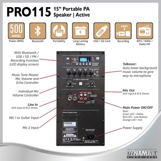 DYNAMAX PRO115/PRO151 15" Bluetooth Portable PA System with Wireless ...