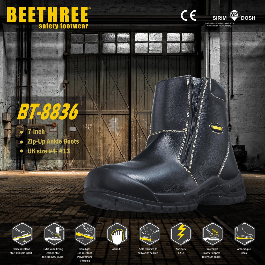 Safety Footwear BEETHREE BT-8836 7 Inches Zip-Up Ankle Boots | Shopee ...